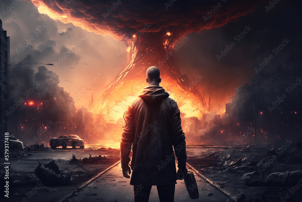 Man witnessing a giant atomic explosion. End of the world concept with ...