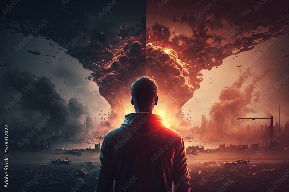 Man witnessing a giant atomic explosion. End of the world concept with ...