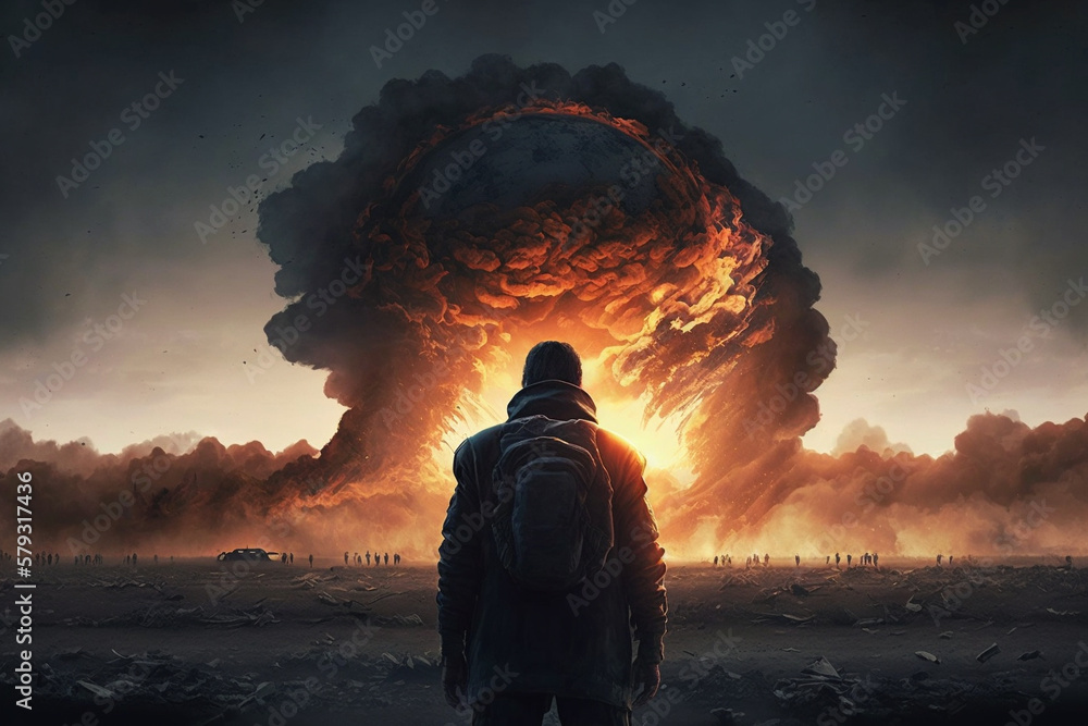 Man witnessing a giant atomic explosion. End of the world concept with ...