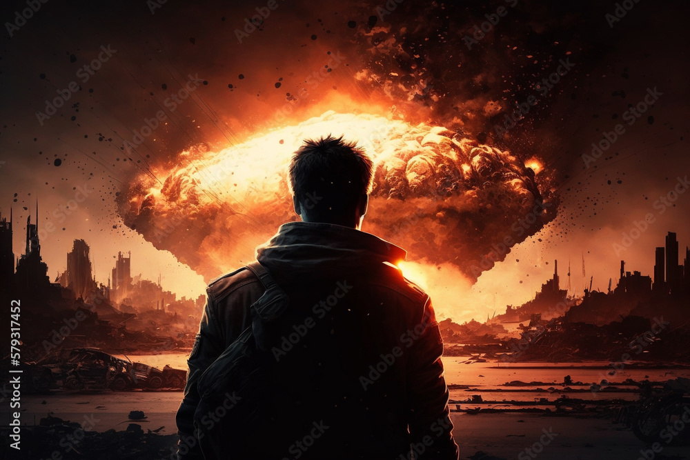 Man witnessing a giant atomic explosion. End of the world concept with ...