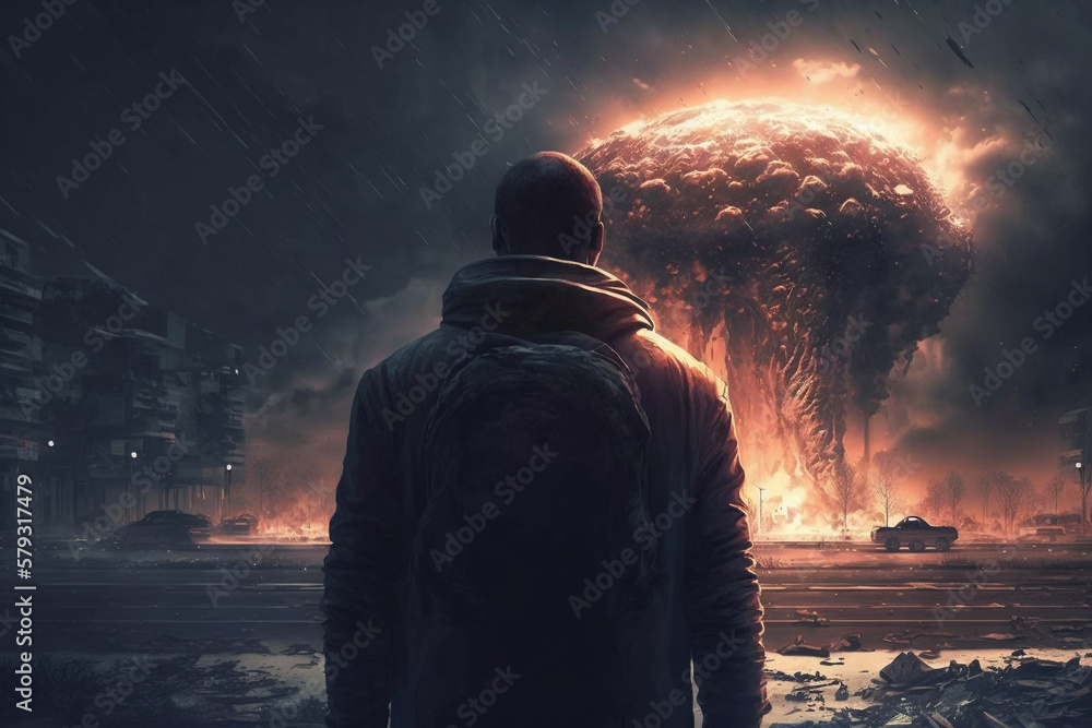 Man witnessing a giant atomic explosion. End of the world concept with ...