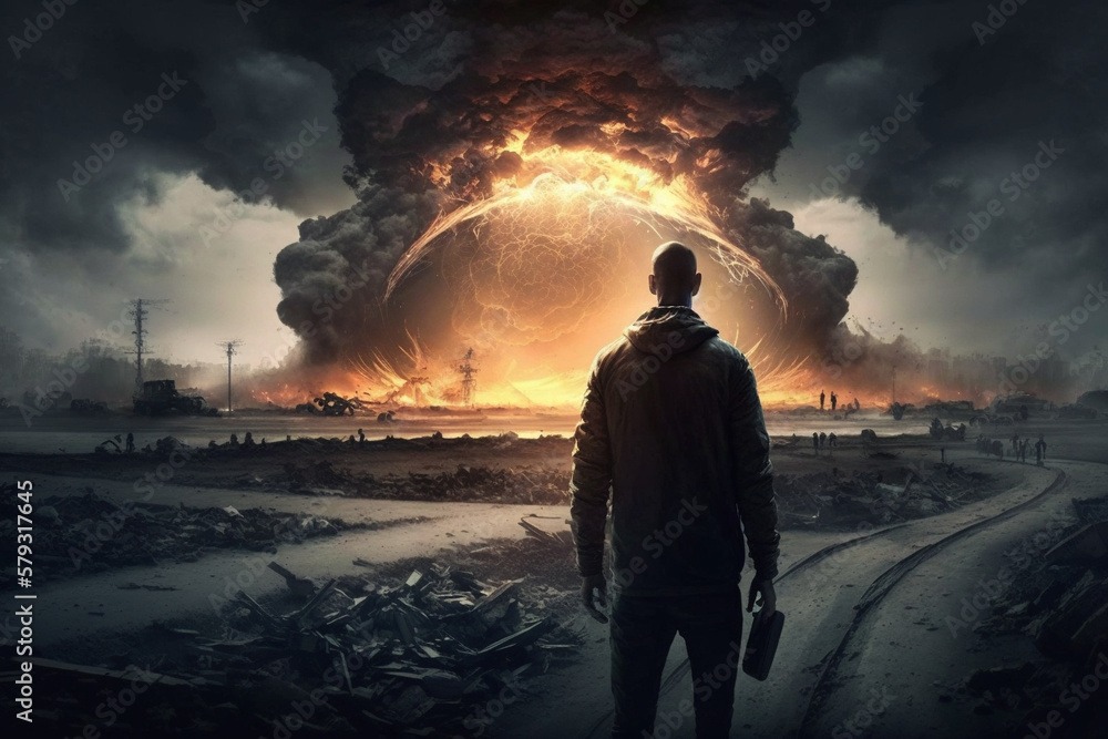 Man witnessing a giant atomic explosion. End of the world concept with ...
