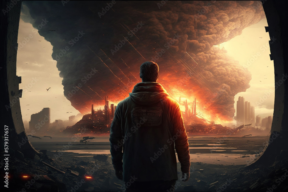 Man witnessing a giant atomic explosion. End of the world concept with ...