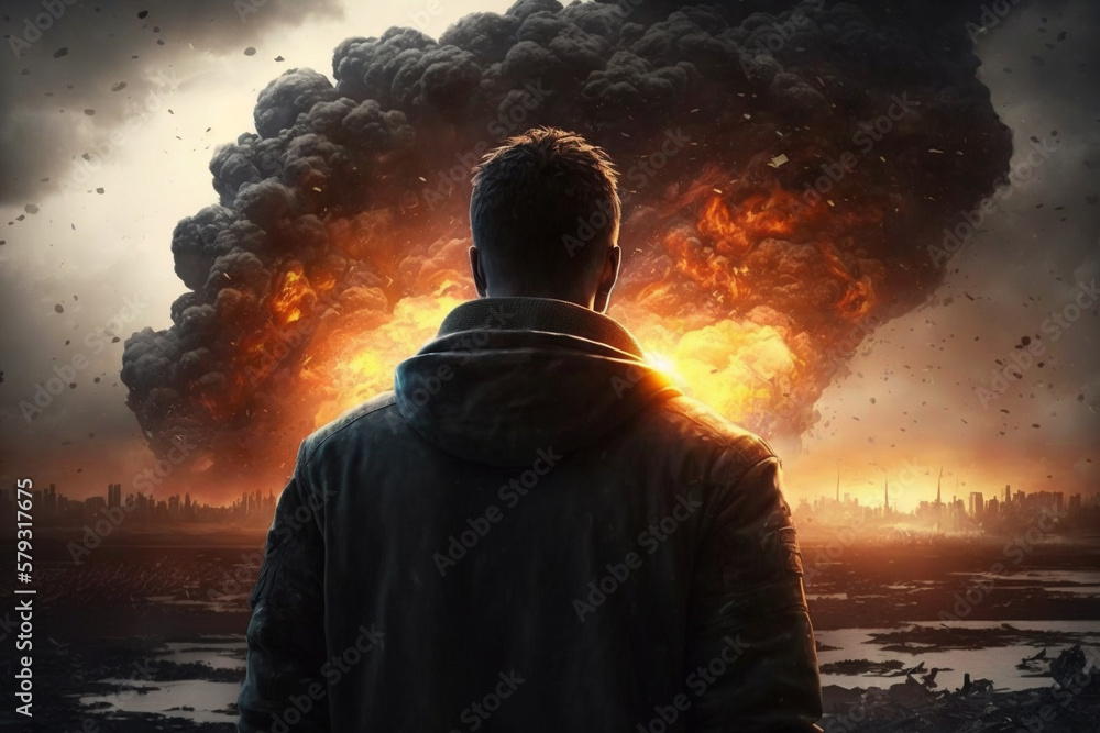 Man witnessing a giant atomic explosion. End of the world concept with ...