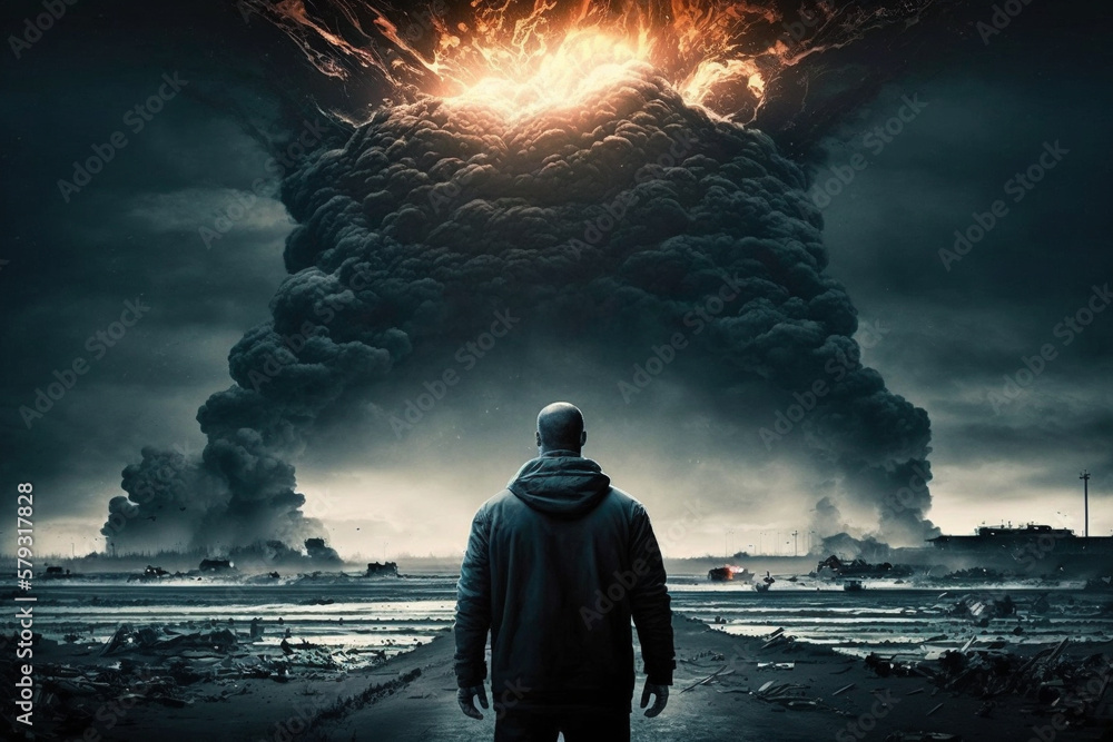 Man witnessing a giant atomic explosion. End of the world concept with ...