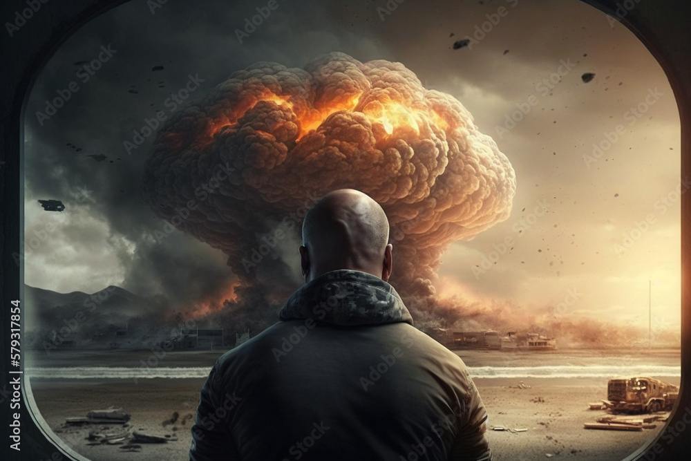 Man witnessing a giant atomic explosion. End of the world concept with ...