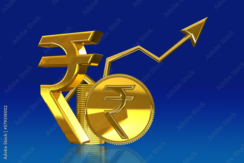 Golden Indian rupee sign and Indian currency coin isolated on 3d render ...
