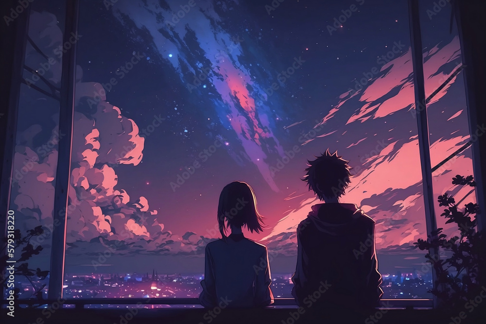 Starry Night Romance: Anime Couple Stargazing under Moonlight, Anime ...