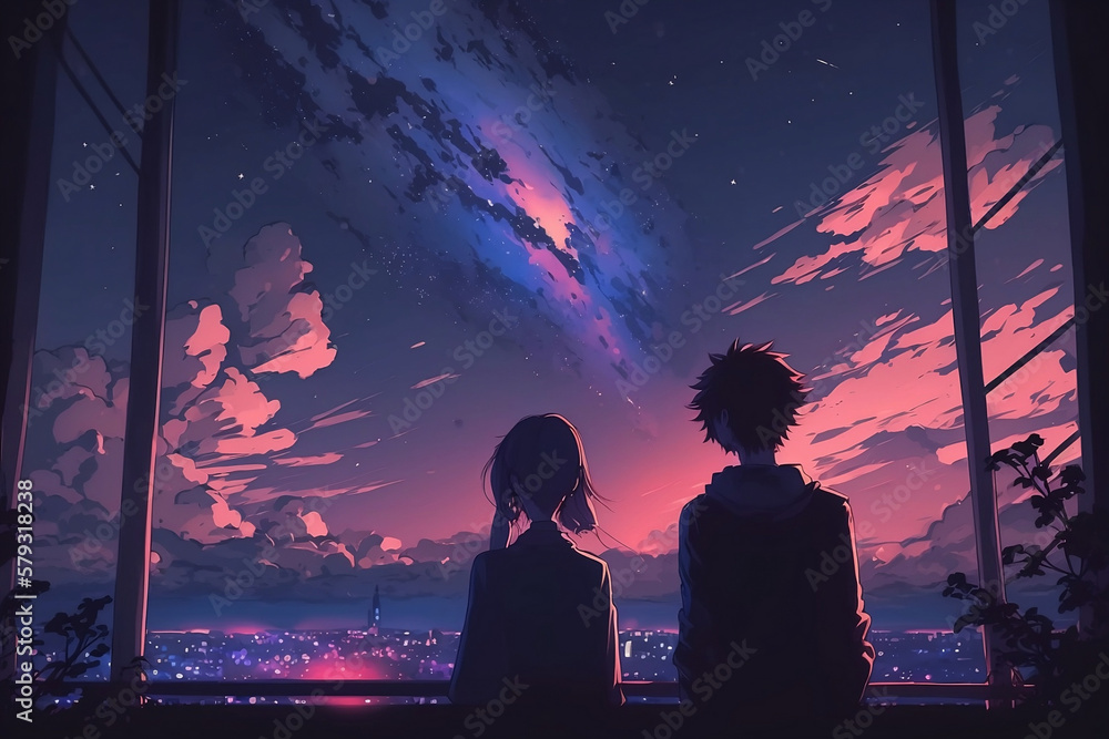 Starry Night Romance: Anime Couple Stargazing under Moonlight, Anime ...