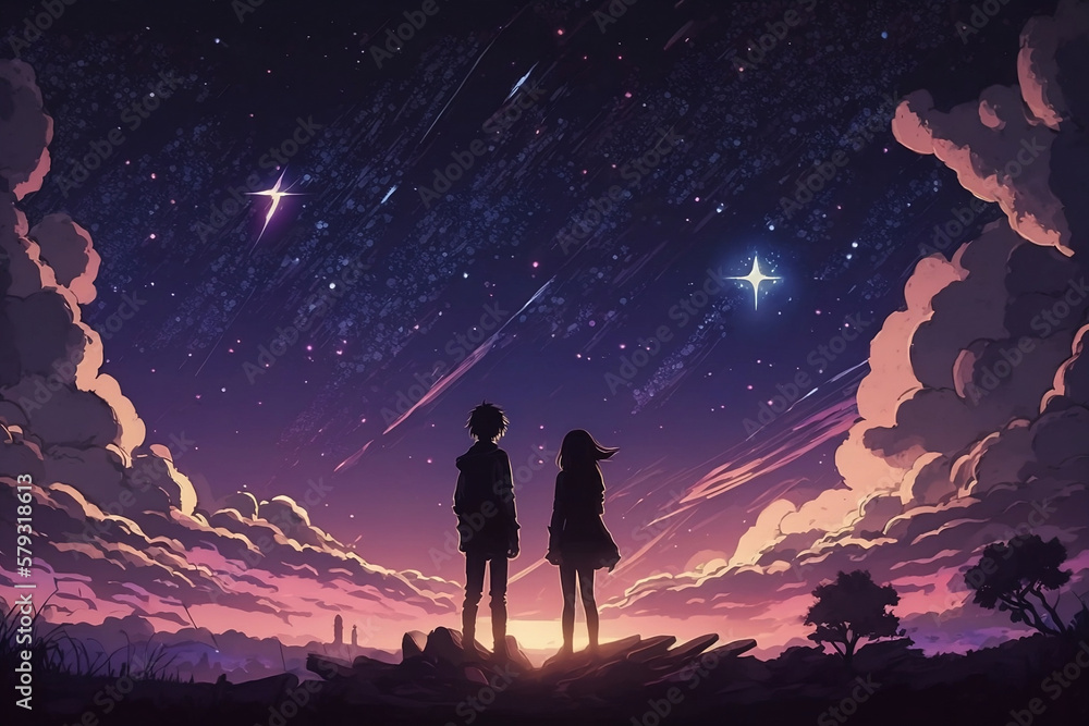 Starlit Romance: Anime Couple Gazing at the Night Sky, Anime Digital ...
