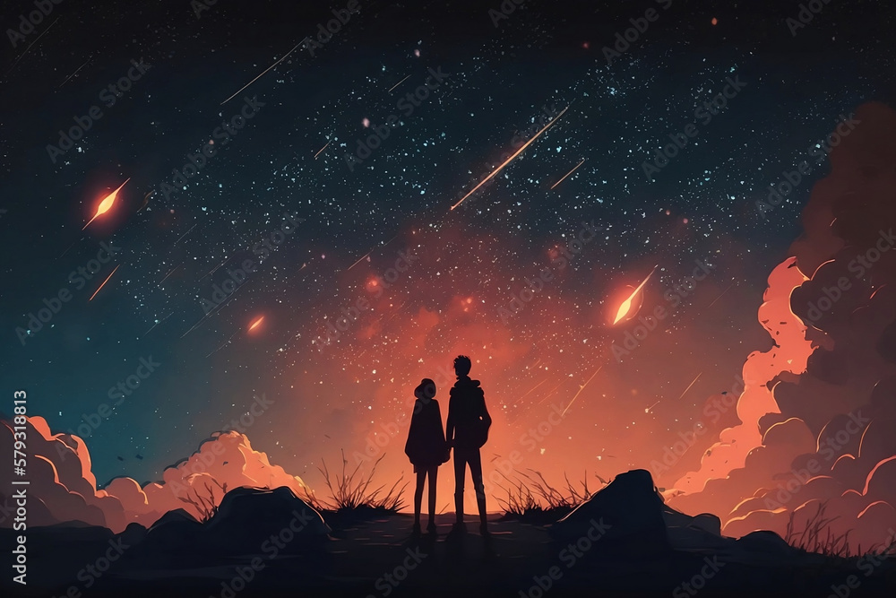 Romantic Anime Couple Stargazing: Watching the Night Sky Together ...