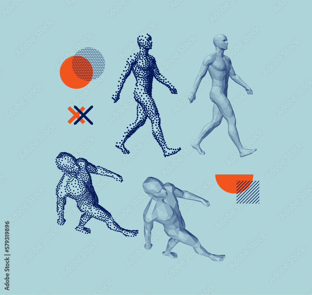 Abstract man stepping forward. Human body from different angles. 3D ...