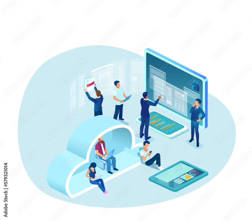 Vector of a group of people using computers, cloud service, analyzing ...