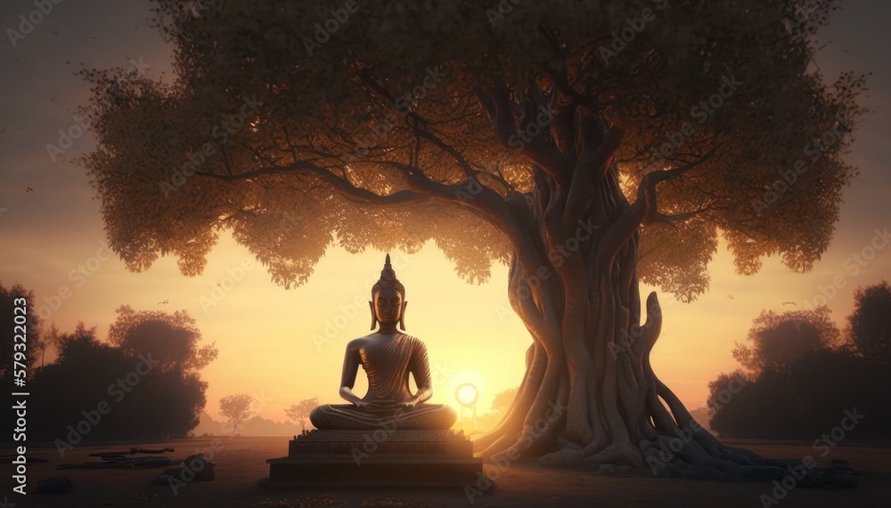 Silhouette buddha sitting under the bodhi tree on sunset background ...