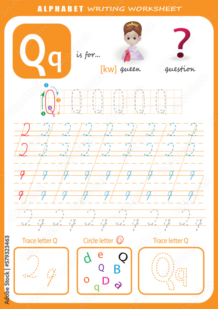 Q letter handwriting practice worksheet. Alphabet letter tracing ...