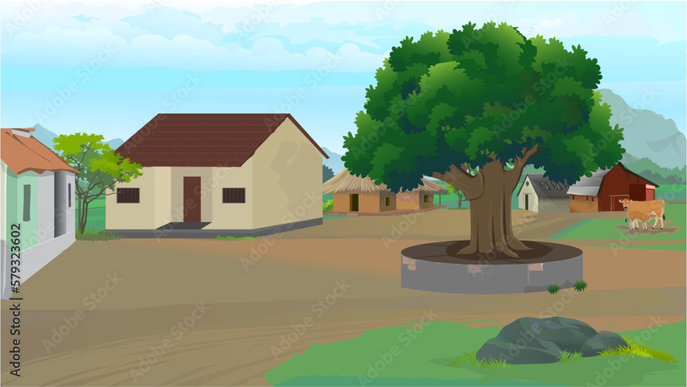 Indian Village Background Illustration, village, and mountains, cow ...