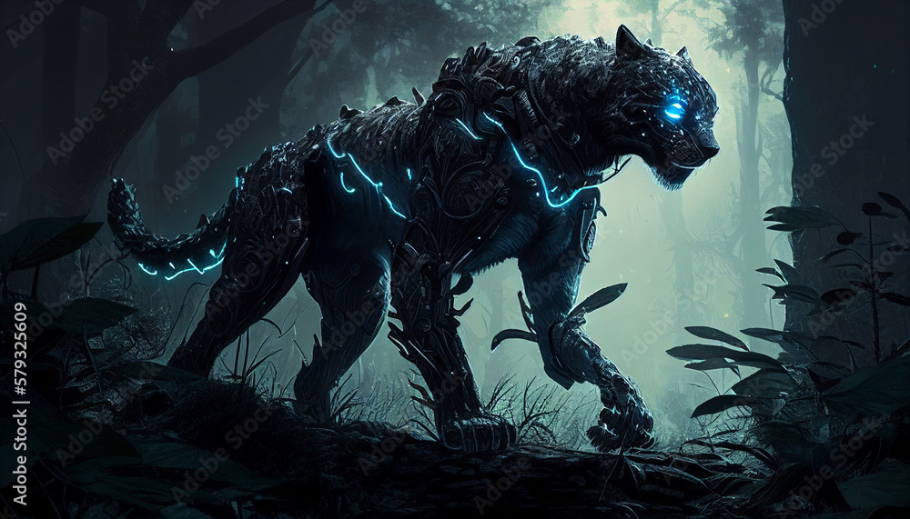 ภาพประกอบสต็อก Electric Jungle Predator: Cyber Panther with a Flash of ...