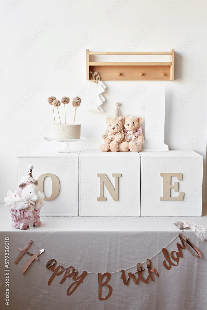 One year party decor. Happy birthday background. Cake smash Stock Photo ...