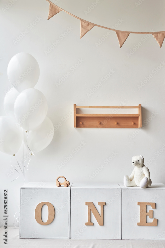 One year party decor. Happy birthday background. Cake smash. Stock ...