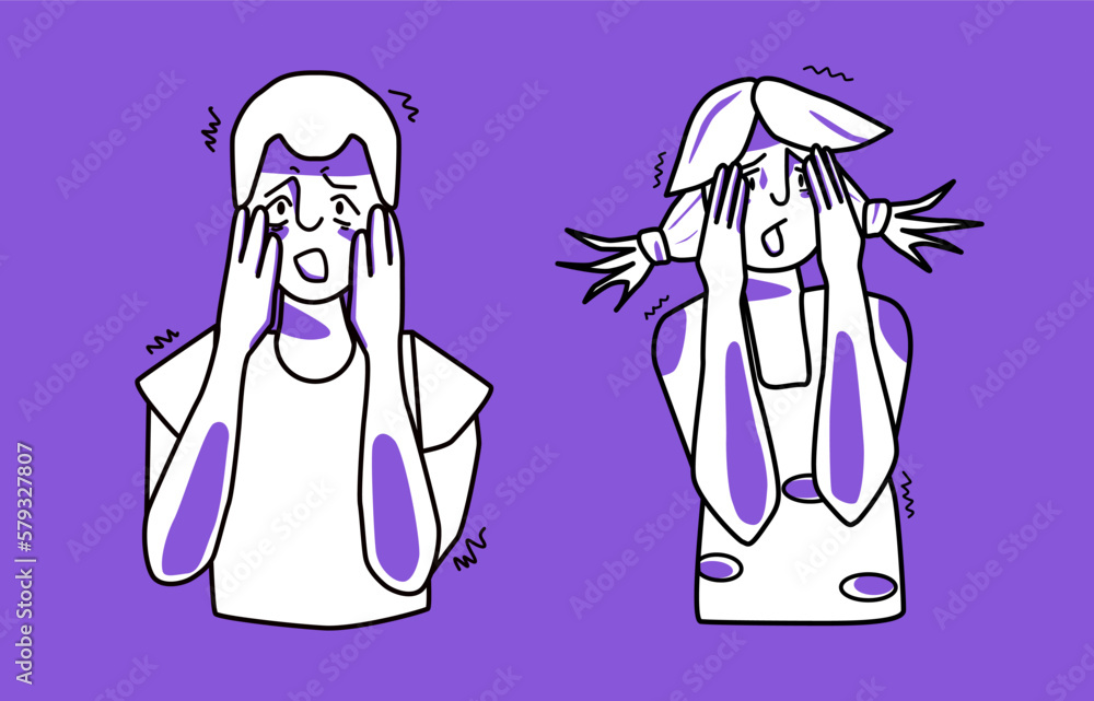 Poster Young boy and girl with emotion of fear, purple and white ...
