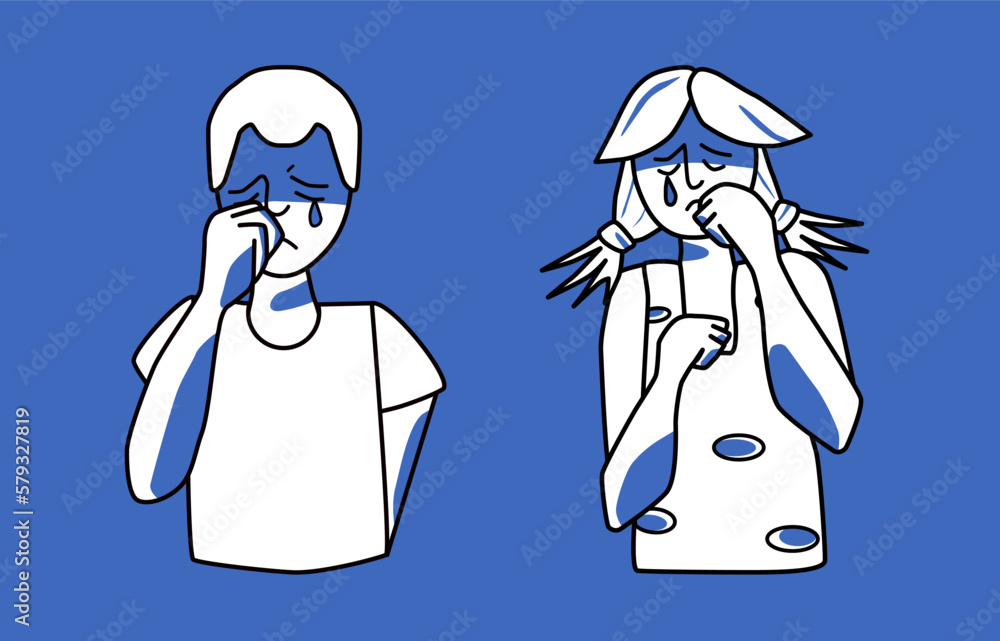Sad boy and girl, emotion of sorrow, blue and white. Melancholy of ...