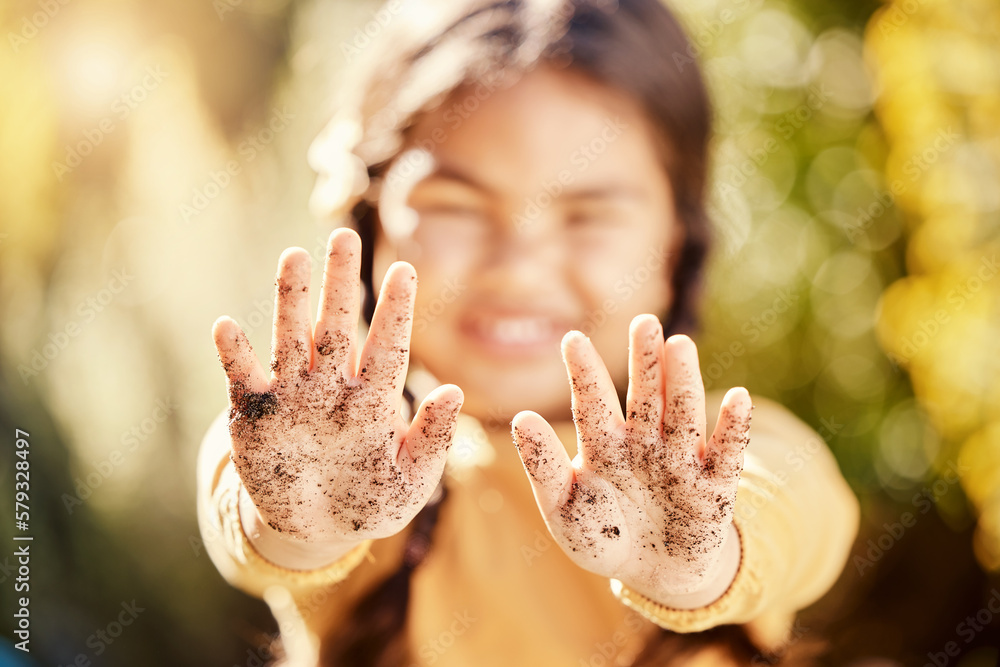 Dirt soil hands, girl child and gardening mockup with blurred ...