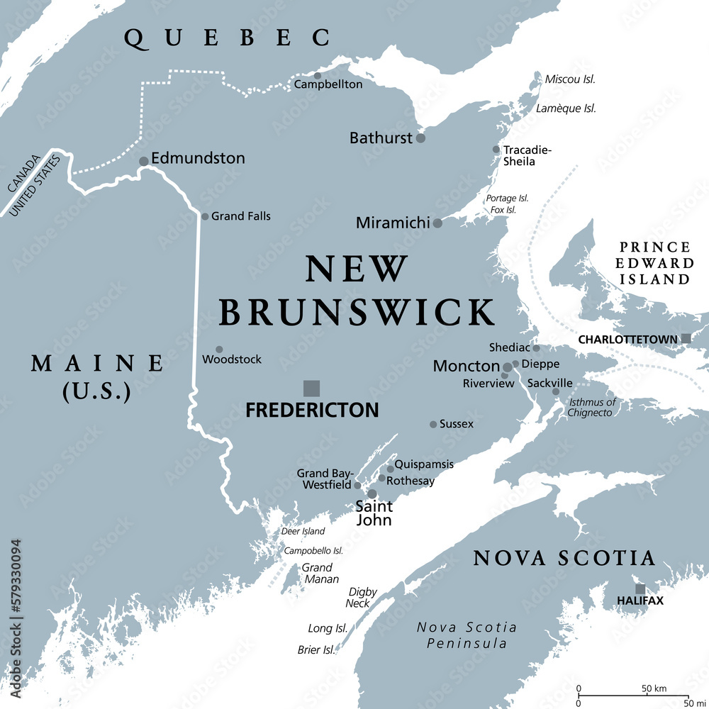 New Brunswick, Maritime and Atlantic province of Canada, gray political ...