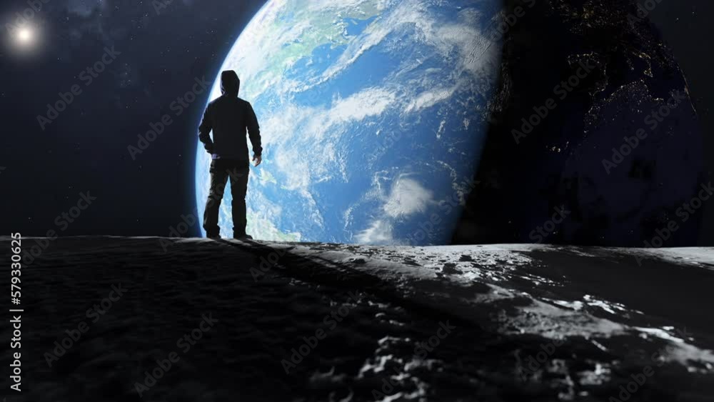 man standing on the surface of the moon looking at the earth,person ...