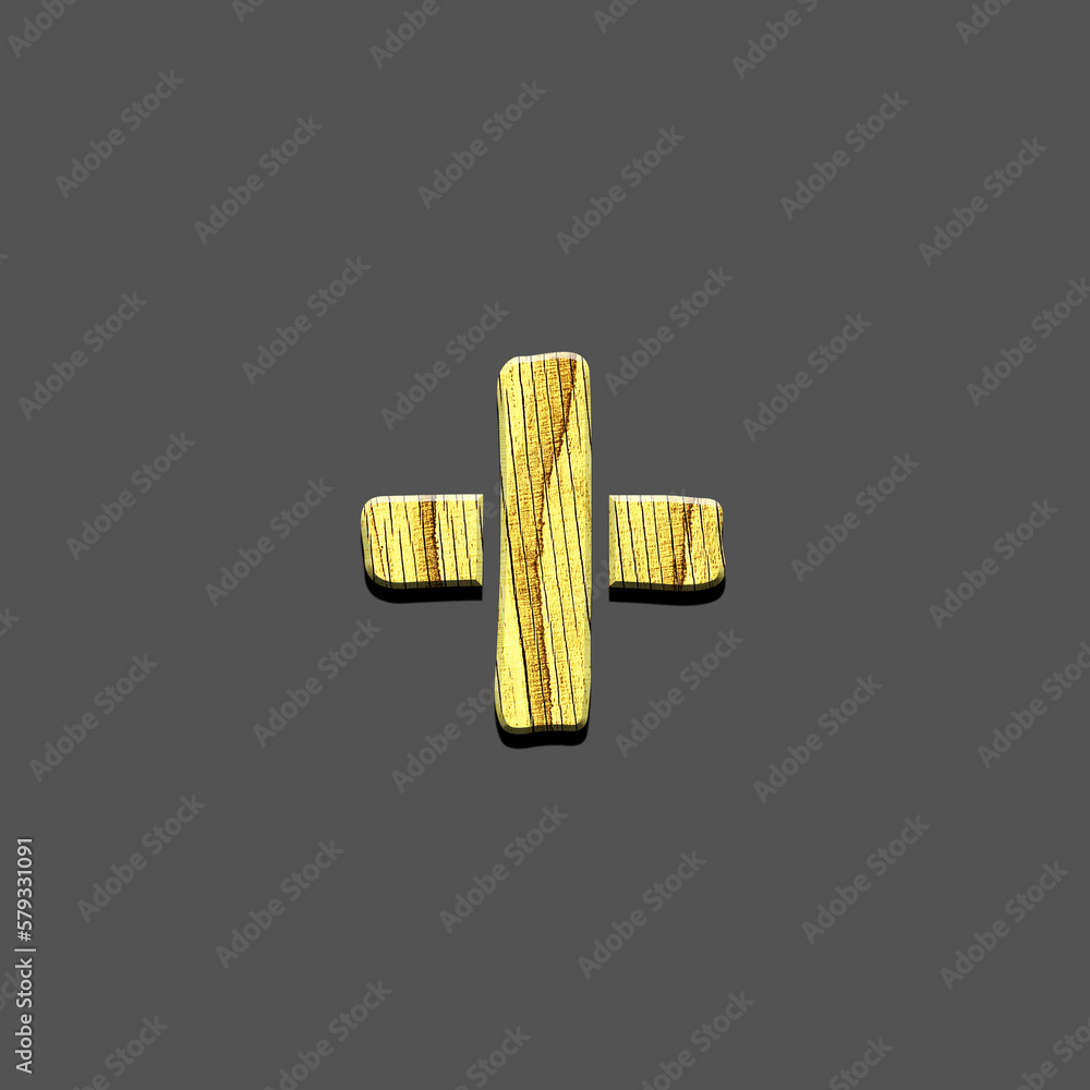 Plus Sign. Alphabet made of letters, made of wood. Isolated on grey ...