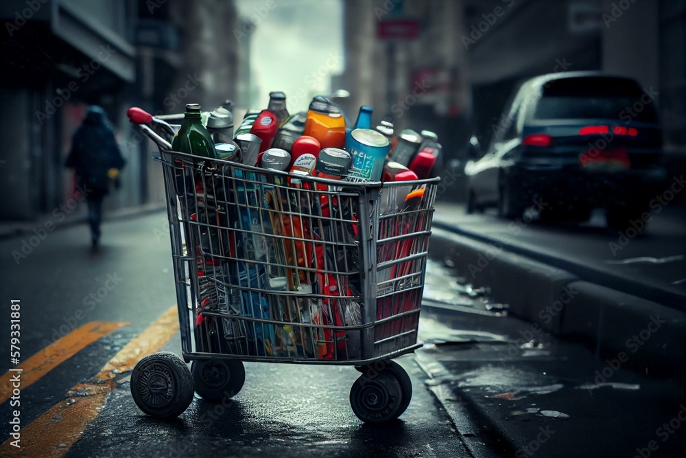 A shopping cart filled with scavenged cans and bottles, with a homeless ...