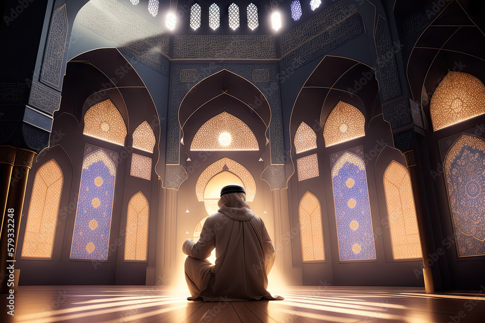 Islamic background painting. Mosque and shadows. Light rays from mosque ...