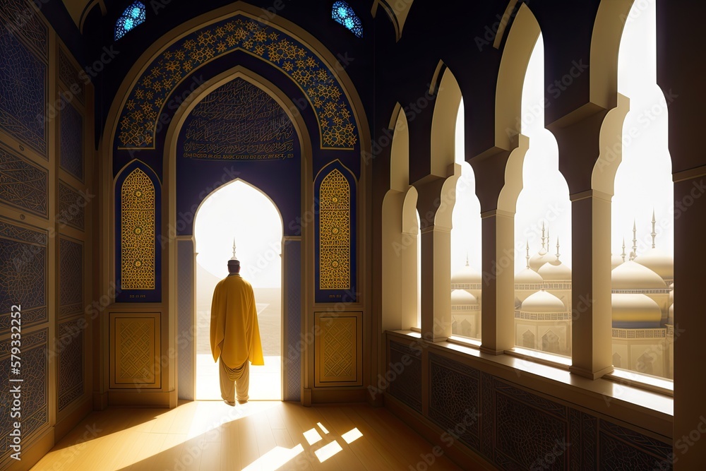 Islamic background painting. Mosque and shadows. Light rays from mosque ...