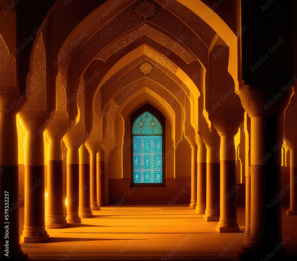 Islamic background painting. Mosque and shadows. Light rays from mosque ...