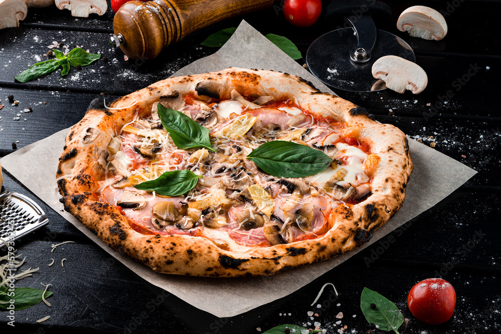 Italian pizza with chicken ham, cheese parmesan, mozzarella, champignon ...