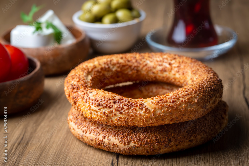 Turkish fast food bagel called Simit. Turkish bagel Simit with sesame ...