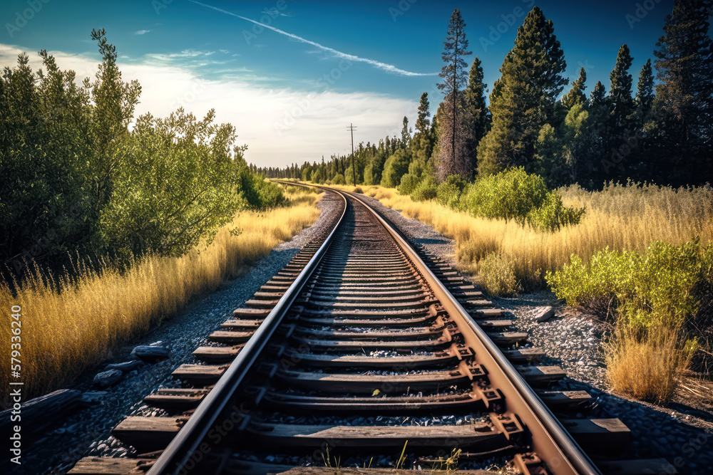 Forest trees and river along a railroad on an summer afternoon. Train ...