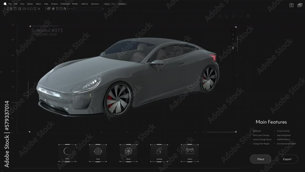 Dark Interface Mockup of Professional CAD Computer Software: 3D Animated Project Of a Sports Car ...