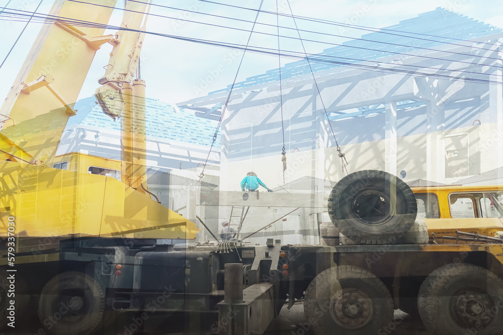 Double exposure image of construction site show heavy machine working ...