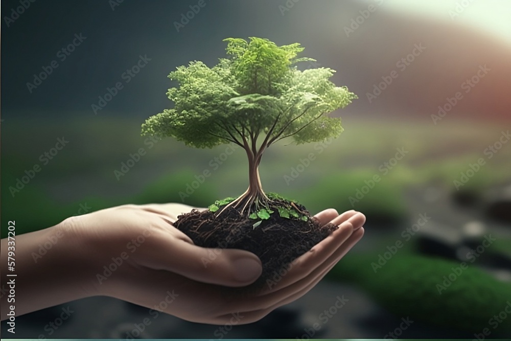 hands holding a plant, hand holding young tree for planting. concept ...