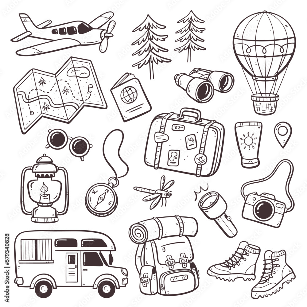 Explore and travel doodle collection. Wanderlust and outdoor activities ...