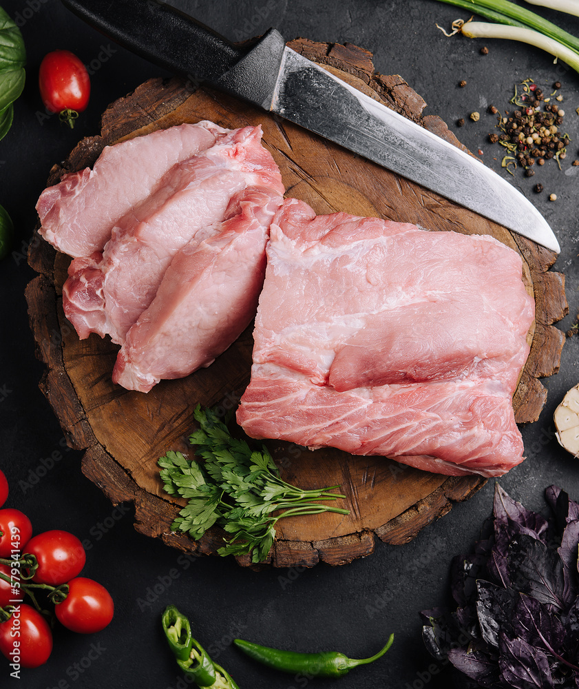 Raw pork neck meat cuts with spices Stock Photo | Adobe Stock