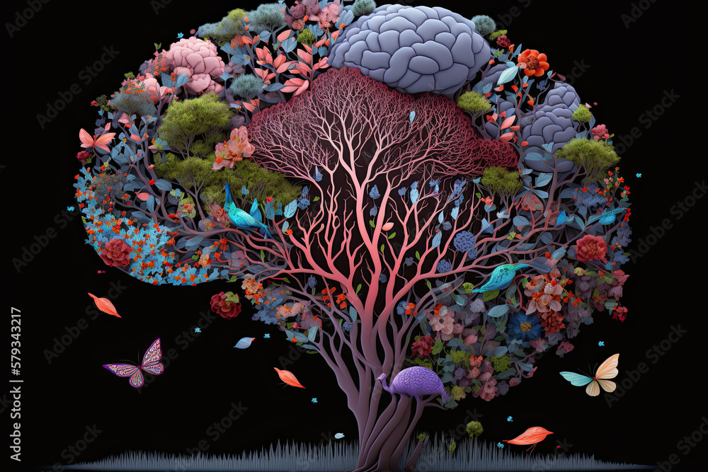 Human brain tree with flowers, self care and mental health concept ...