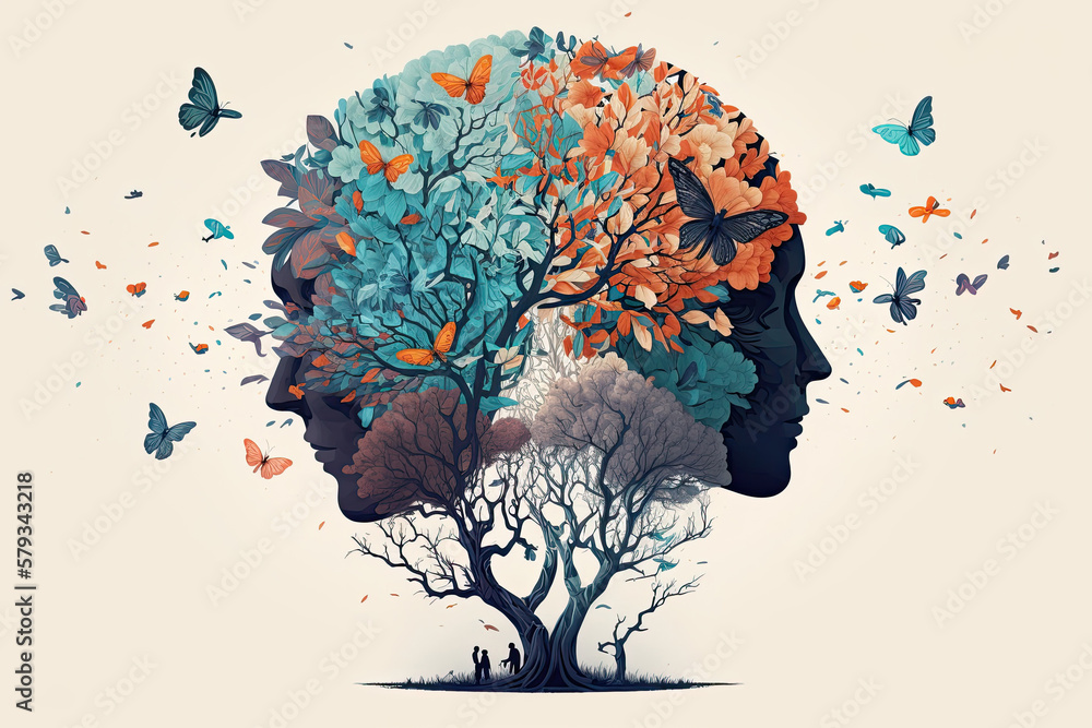 Human brain tree with flowers, self care and mental health concept ...