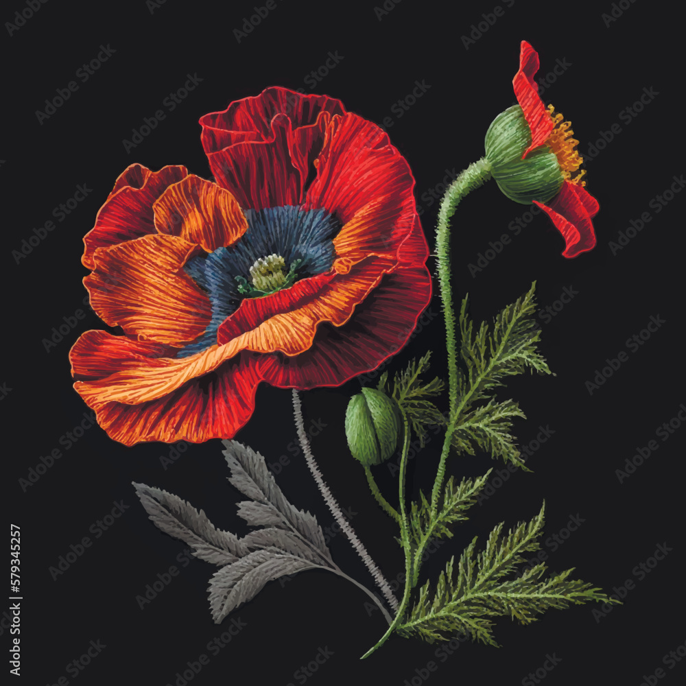 3d Poppy. Tapestry red poppy flower, buds, leaves pattern. Embroidery ...