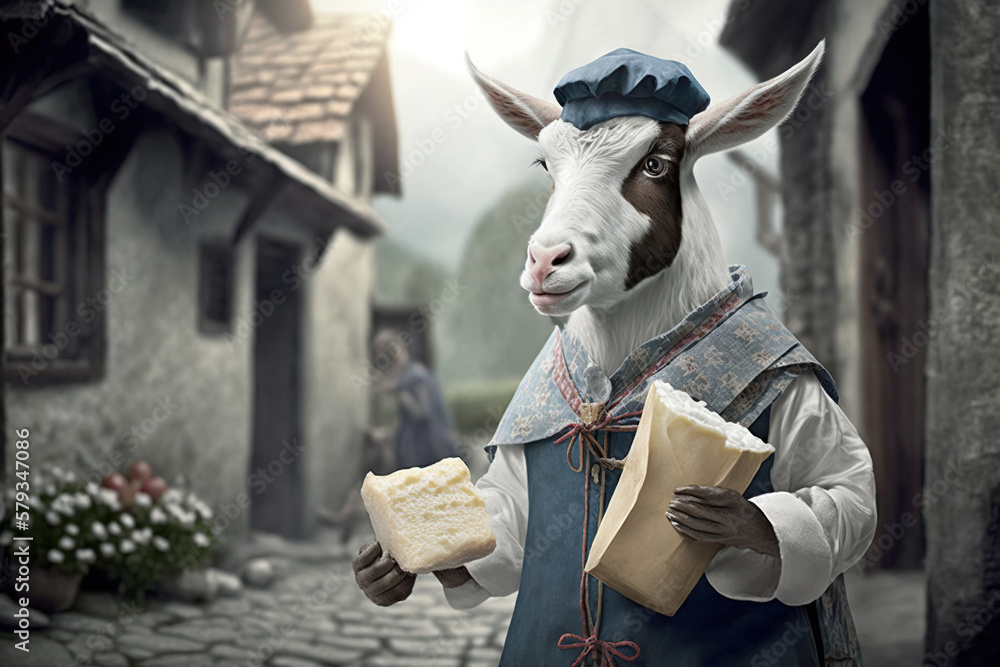 Goat dressed as a farmer advertises goat cheese, concept of Animal ...