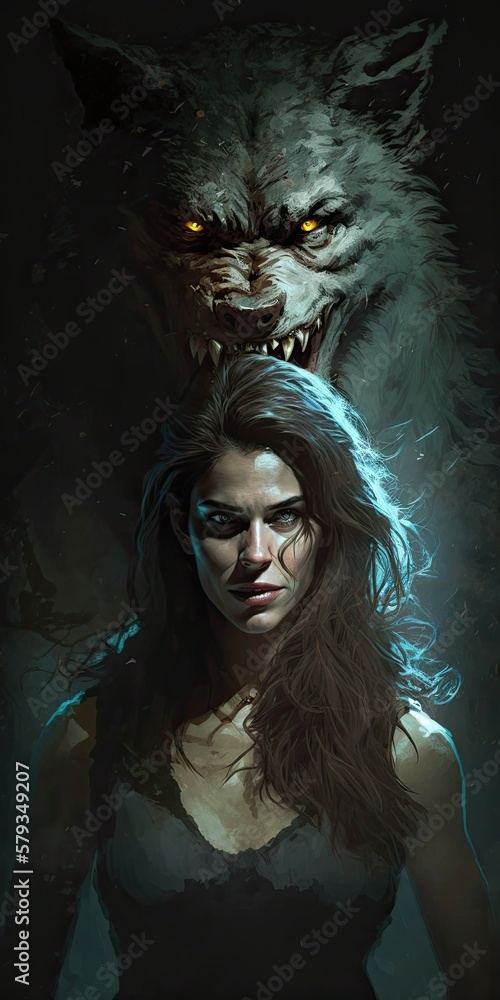 Movie poster of a werewolf standing behind a young and beautiful woman ...