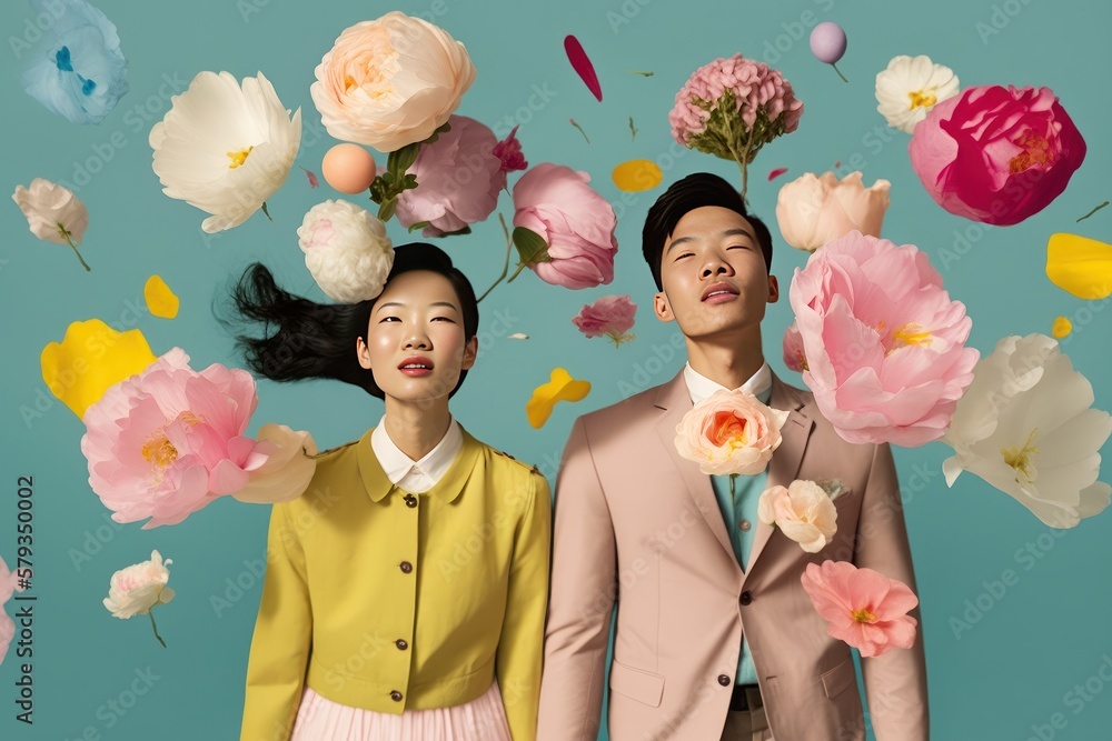 Portrait of young beautiful couple in love on Spring abstract ...