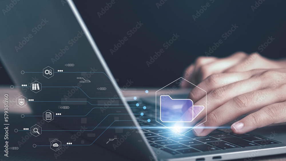 Document Management System(DMS) concept. File folder with linked blank ...