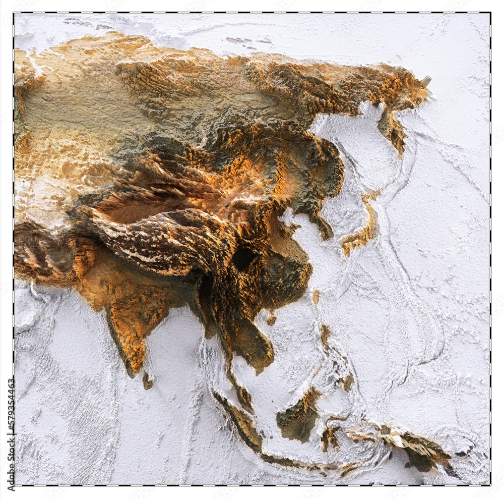 3D World map of the Asia. Exaggerated Asia topography relief. China ...