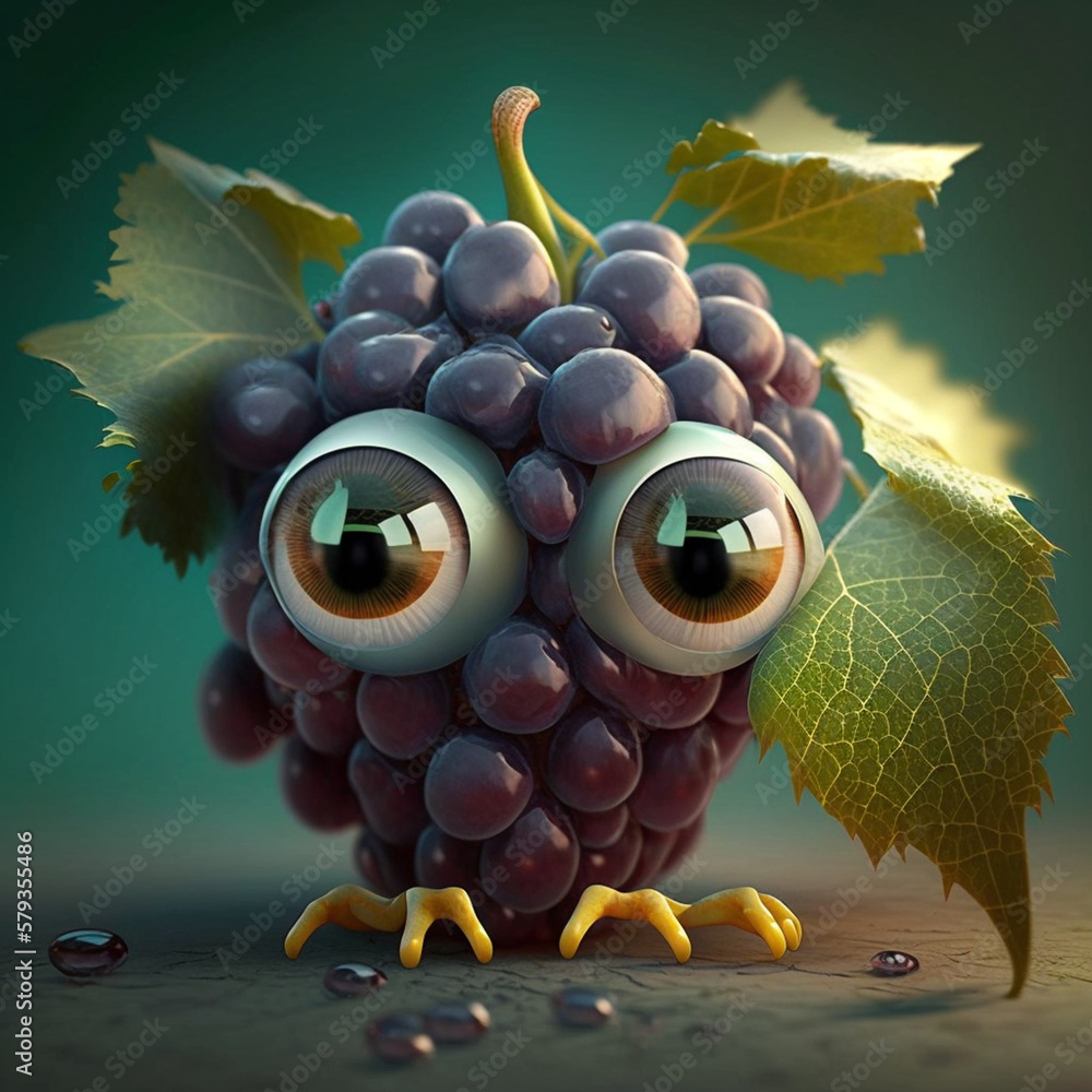 Drawing of a cute bunch of grapes with eyes, cartoon. Generative AI ...